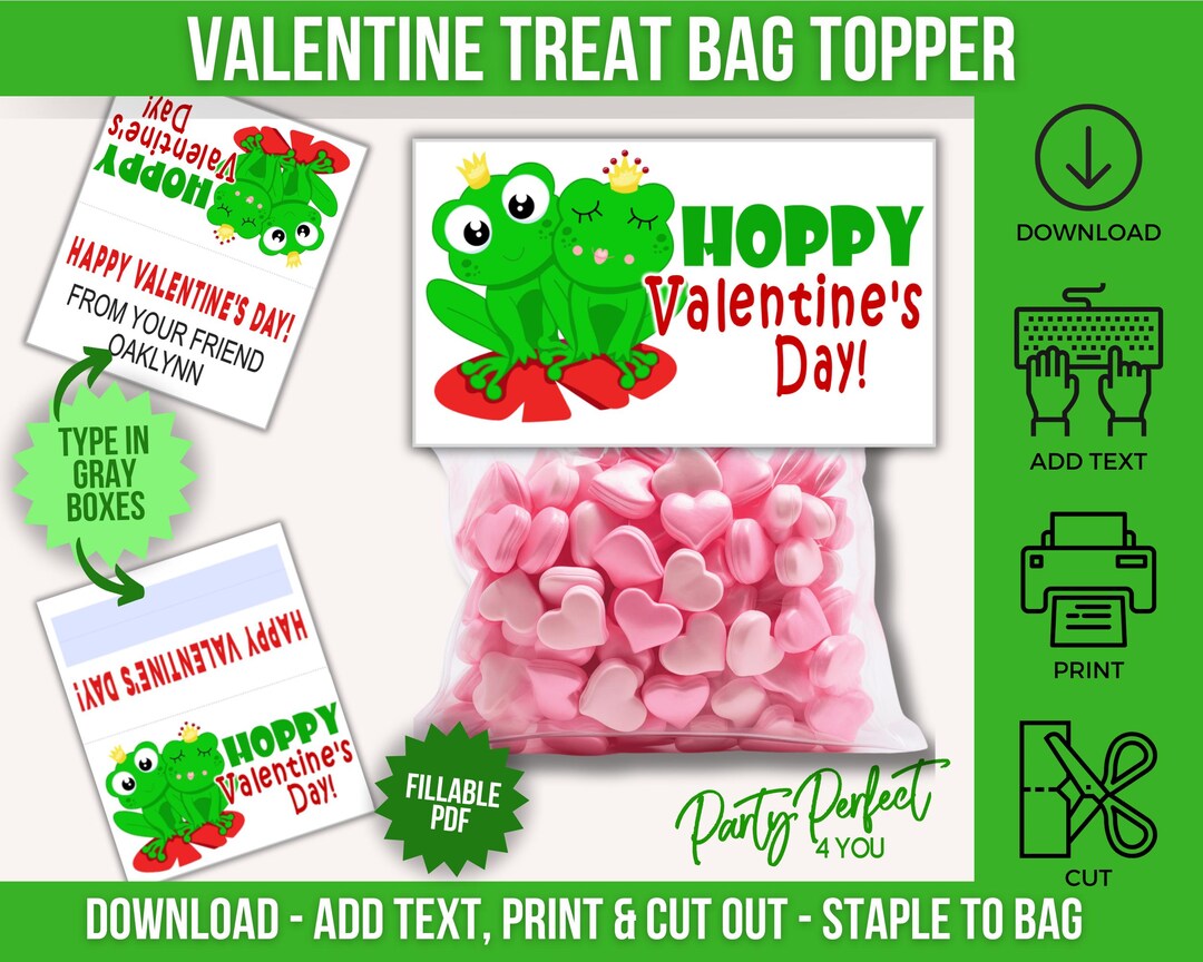 Frog Valentine Editable PDF Printable Valentine Treat Bag Topper Kids ...