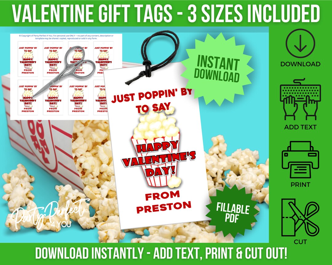Printable Popcorn Valentine Tag Kids Class Party Digital Download ...
