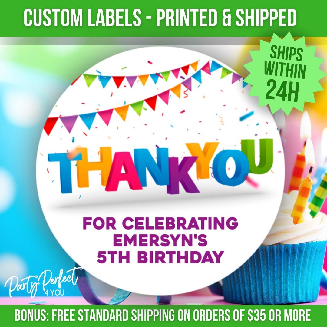Custom Birthday Thank You Sticker Personalized Birthday Party Favor ...
