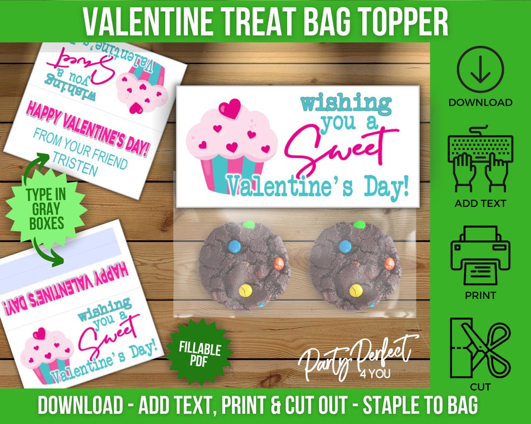 Cupcake Valentine Editable PDF Printable Valentine Treat Bag Topper ...