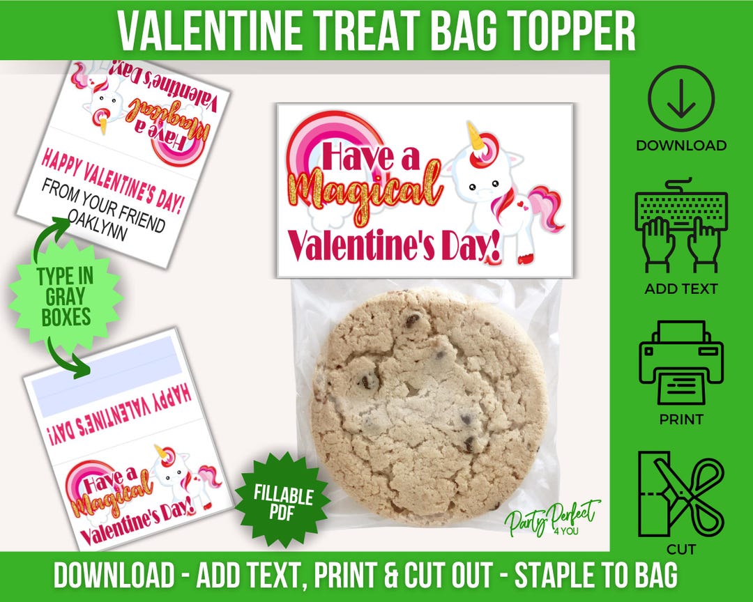 Unicorn Valentine Editable PDF Printable Valentine Treat Bag Topper Kid ...