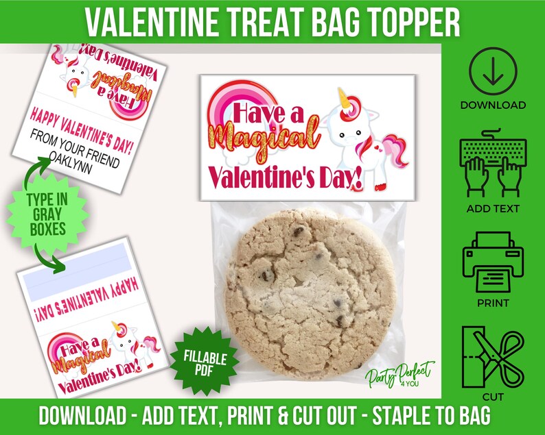 Unicorn Valentine Editable PDF Printable Valentine Treat Bag Topper Kid ...