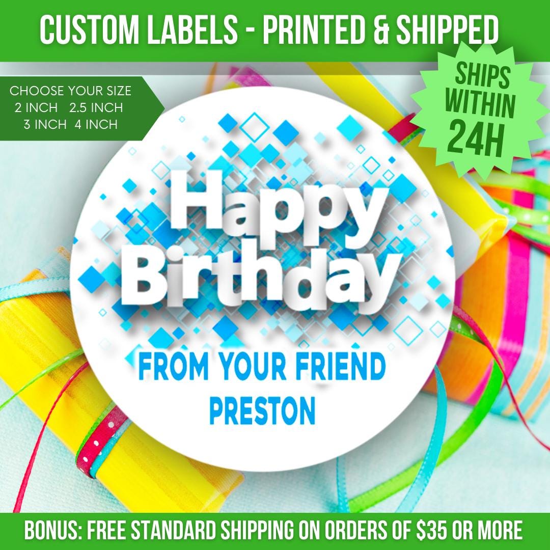 Happy Birthday Sticker Blue Custom Birthday Sticker Label Personalized ...