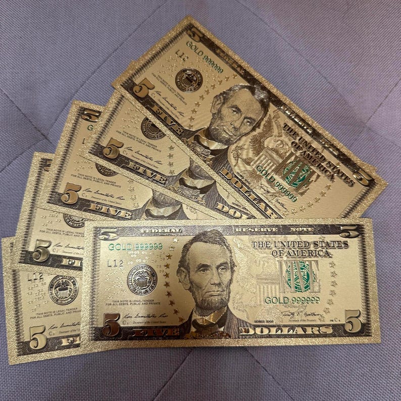 24K GOLD Plated Foil Art Designed 1,2,5 & 100 Dollar Bill Collectible ...