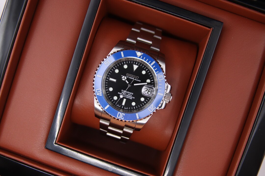 Seiko Mod Blue Bezel Watch Luxury Box, Strap & Extras - Etsy