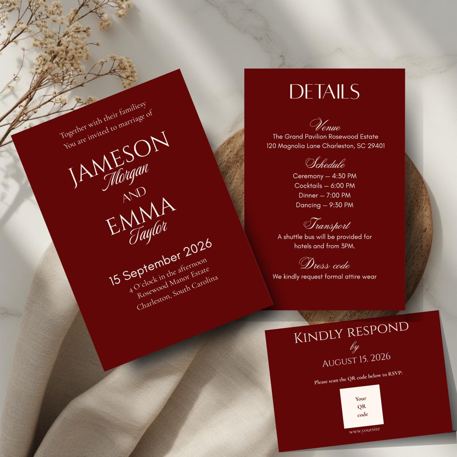 Classic Old Money Red Wedding Invitation Set Elegant Luxury Wedding ...
