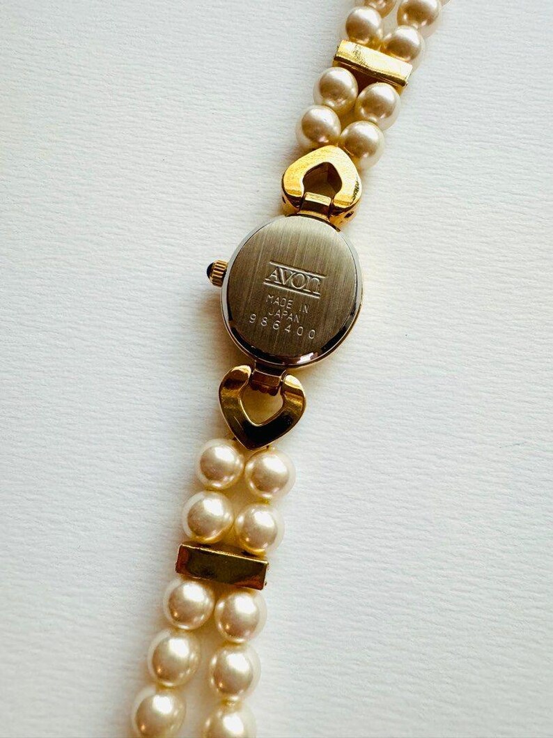 AVON 1990s Vintage Japan Pearl Heart Rhinestone Gold Tone Watch Ladies ...