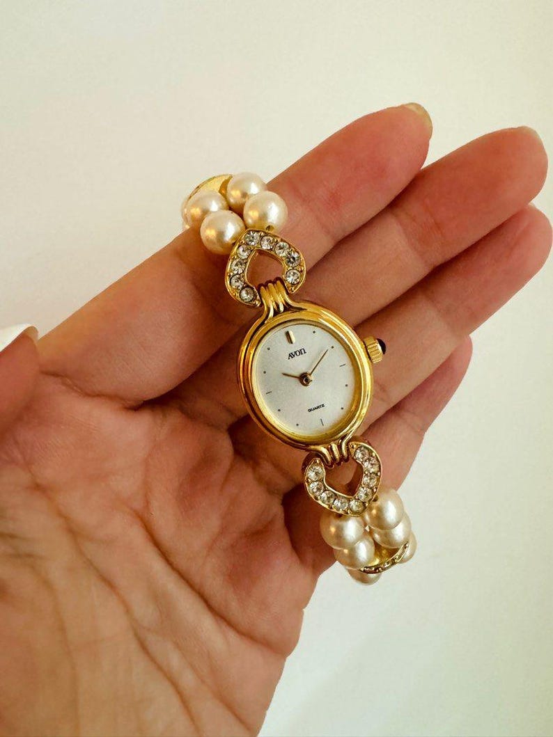 AVON 1990s Vintage Japan Pearl Heart Rhinestone Gold Tone Watch Ladies ...