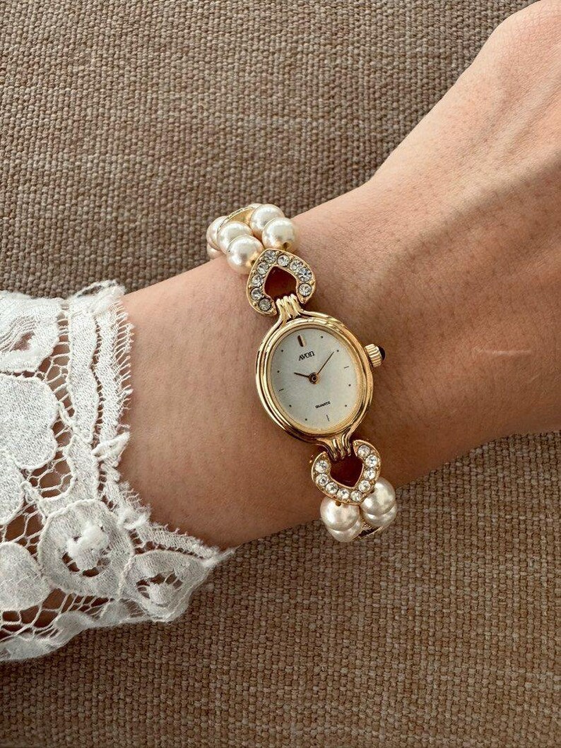 AVON 1990s Vintage Japan Pearl Heart Rhinestone Gold Tone Watch Ladies ...