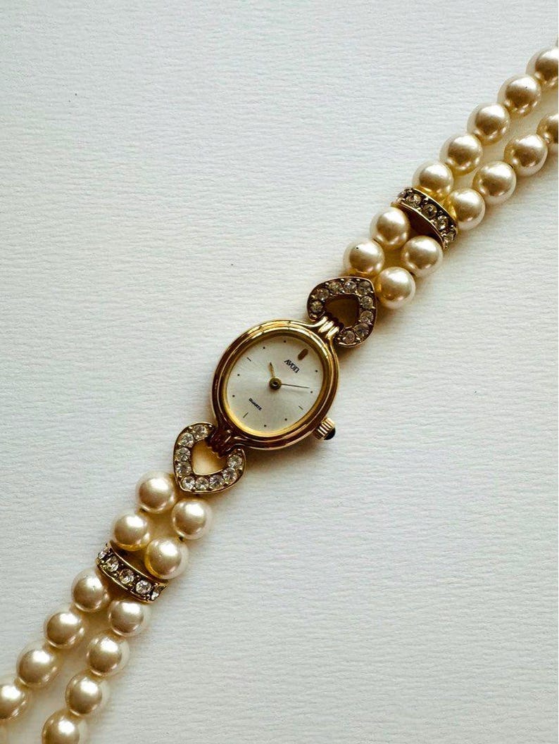 AVON 1990s Vintage Japan Pearl Heart Rhinestone Gold Tone Watch Ladies ...