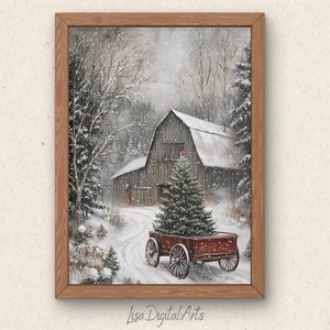 Rustic Winter Barn Scene Digital Art | Vintage Christmas Tree Farm ...