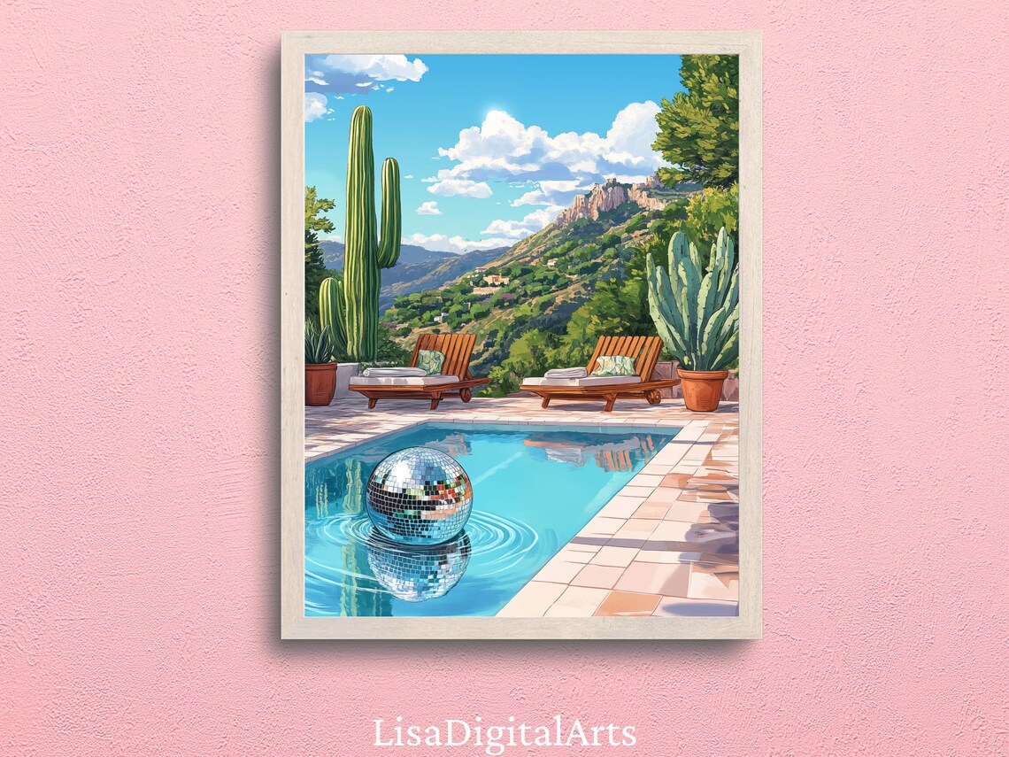 Sunny Poolside Disco Ball Digital Art Print – Cactus Summer Vibes Wall ...