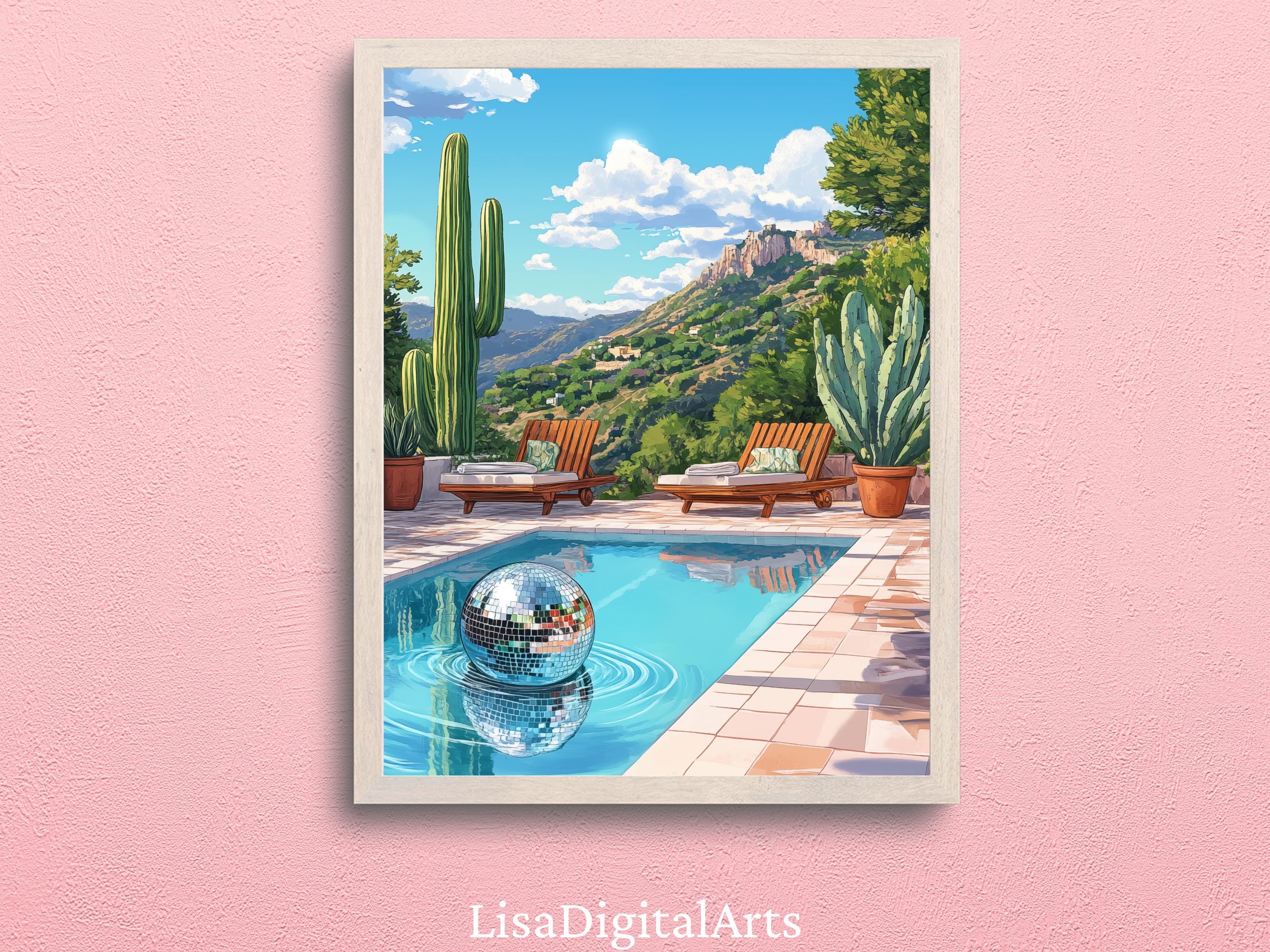 Sunny Poolside Disco Ball Digital Art Print – Cactus Summer Vibes Wall ...