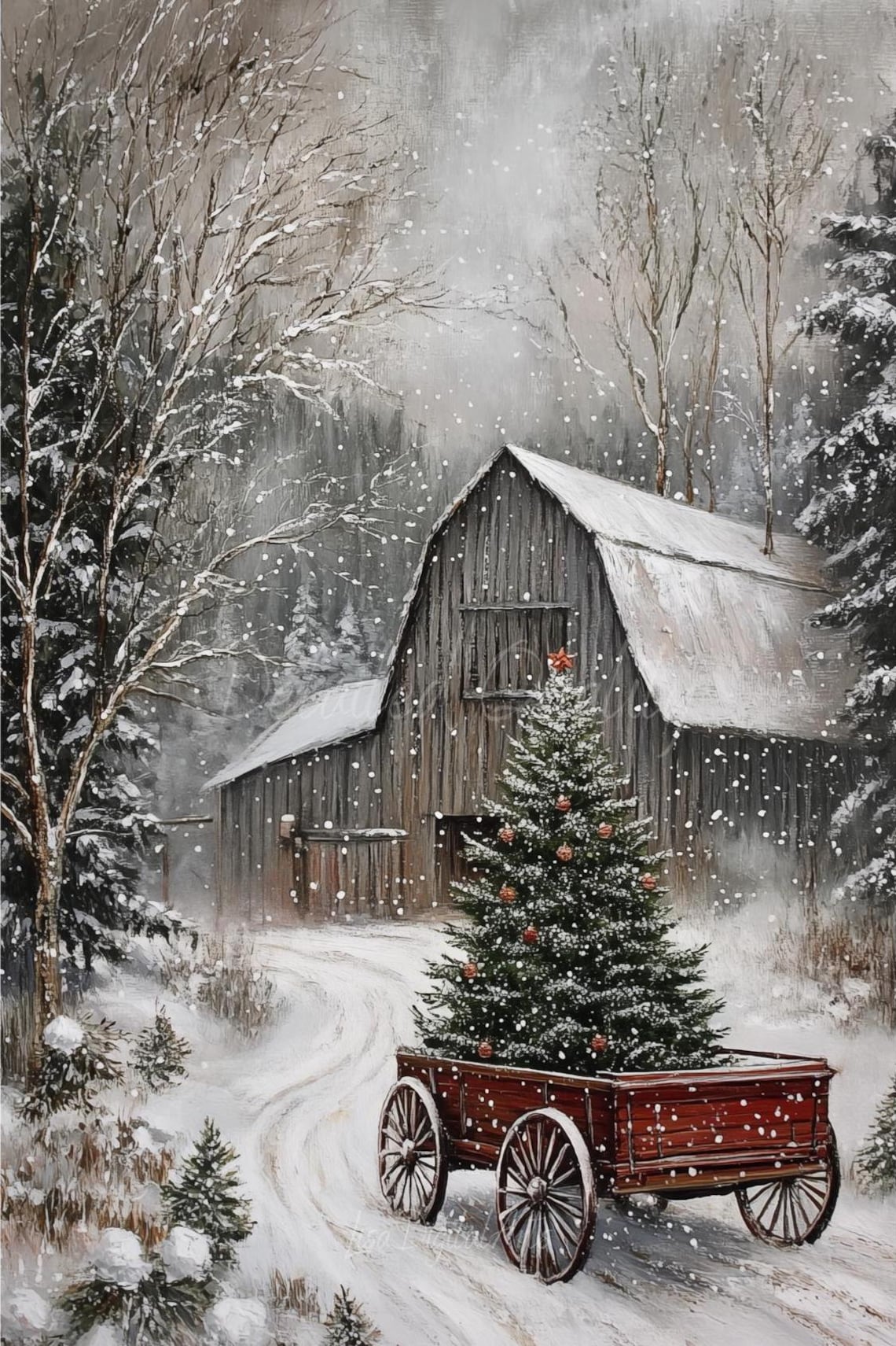 Rustic Winter Barn Scene Digital Art | Vintage Christmas Tree Farm ...