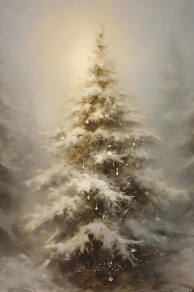 Printable Vintage Christmas Tree | Muted Winter Landscape | Pine Tree ...
