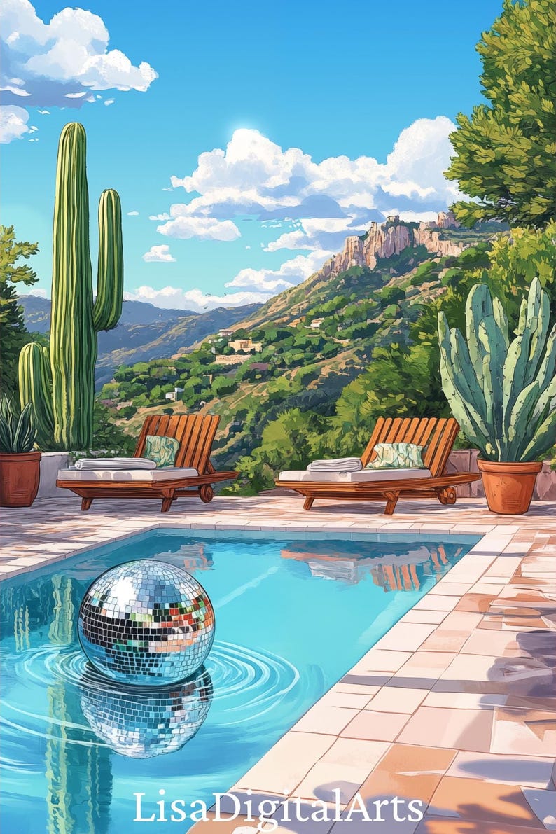Sunny Poolside Disco Ball Digital Art Print – Cactus Summer Vibes Wall ...