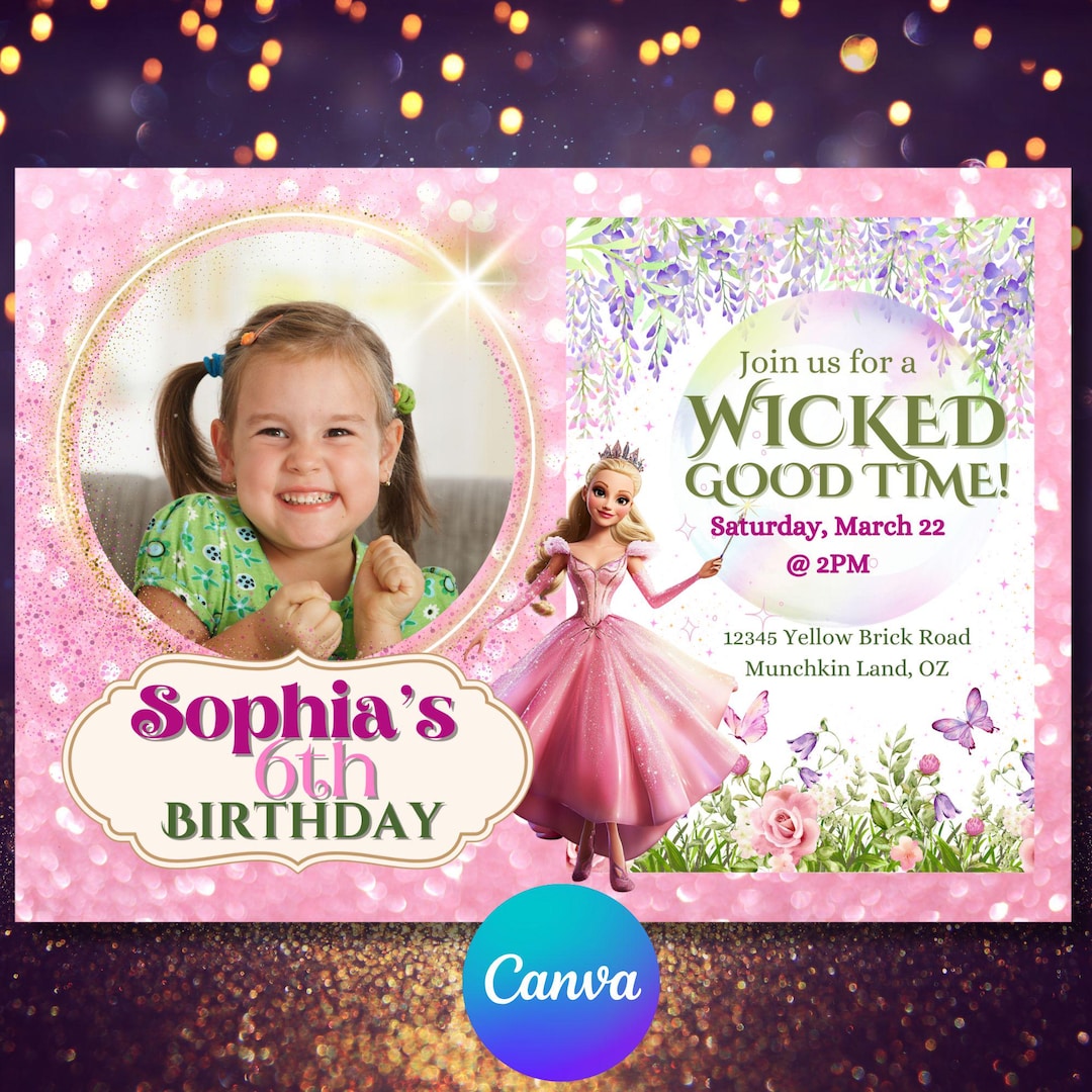 Glinda Birthday Party Photo Invitation, Wicked Good Time, Editable ...