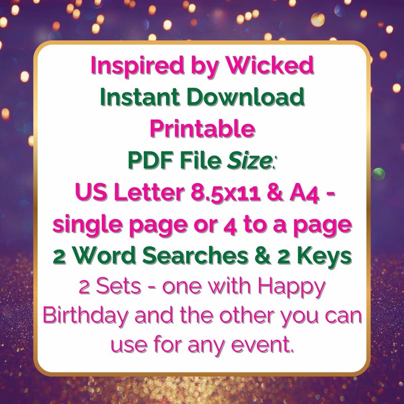 Wicked Word Search Birthday Party Activity, Wicked Themed Party Game ...