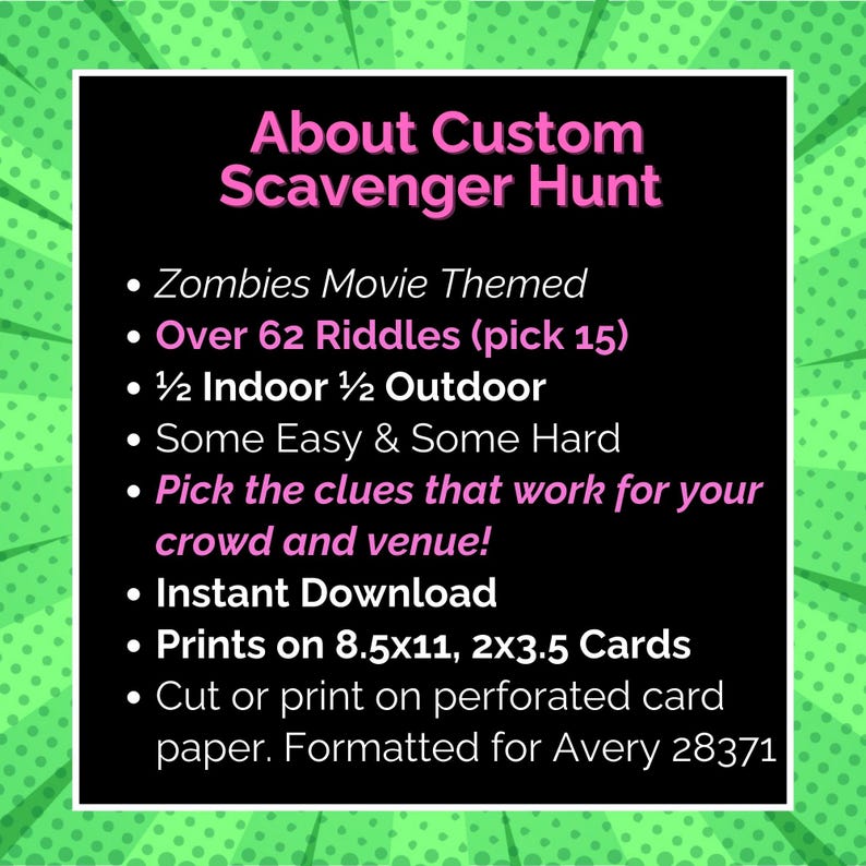 Zombies Scavenger Hunt: Zombies Game Birthday Party Activity, Custom ...