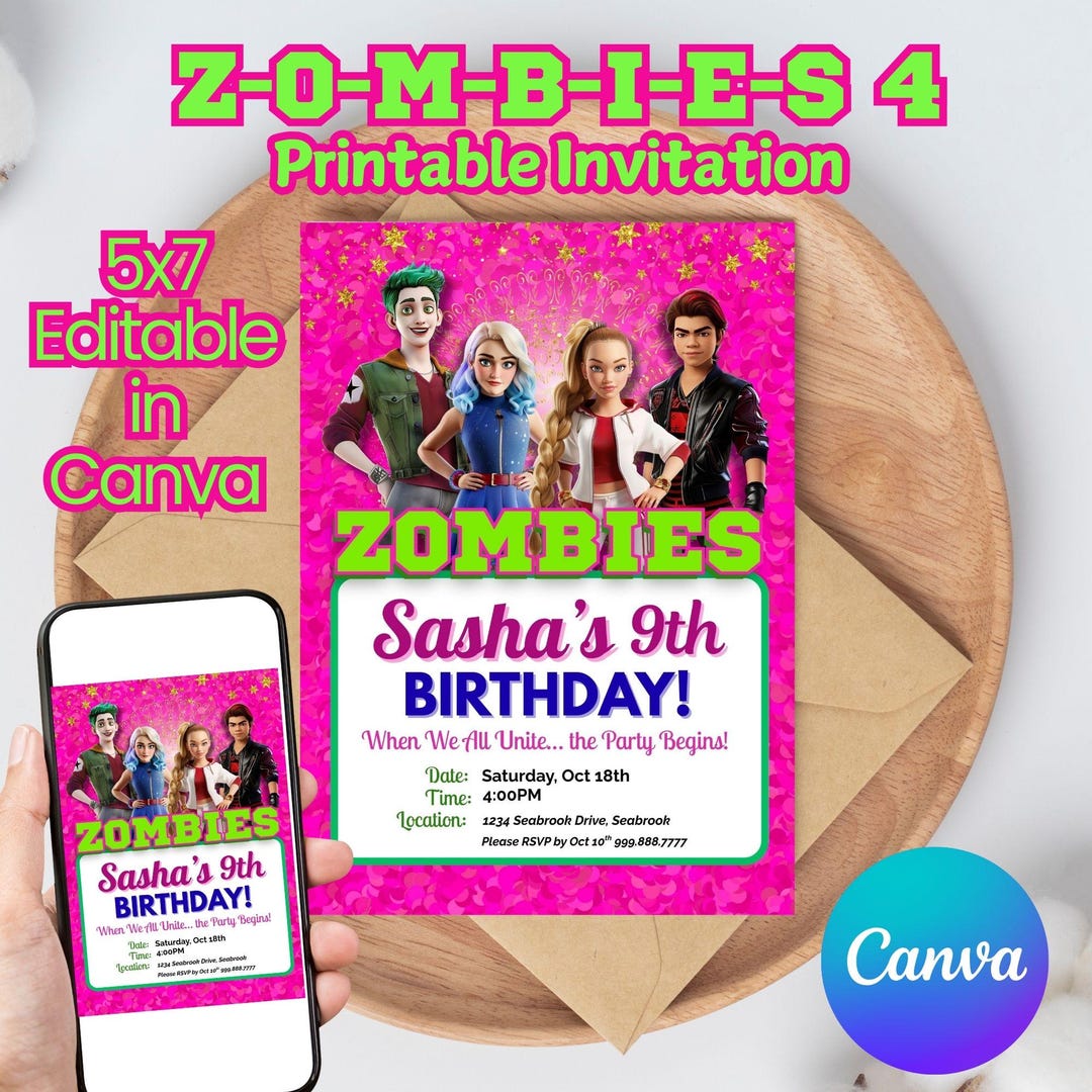 Zombies 4 Birthday Invitation: Zombies Movie Pink Party Invite Editable ...