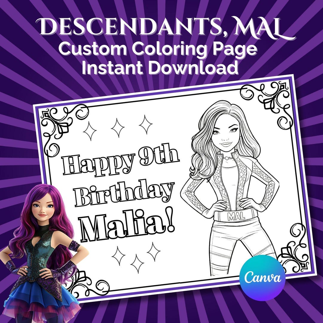 Mal Descendants Coloring Page, Custom Color Sheet, Editable Canva ...