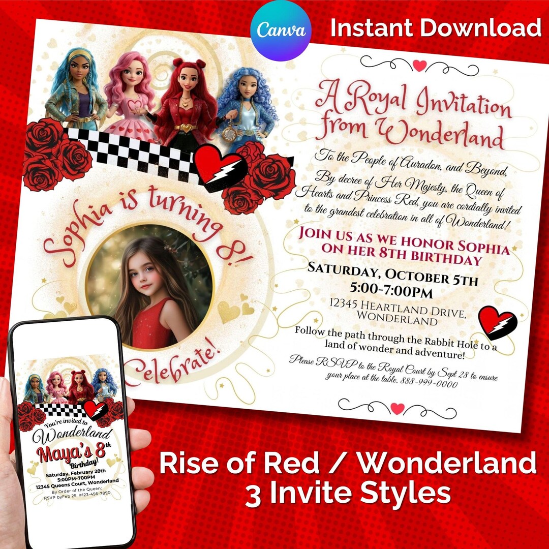 Rise of Red Birthday Invitation, Descendants 4 Birthday Invite, Wicked ...