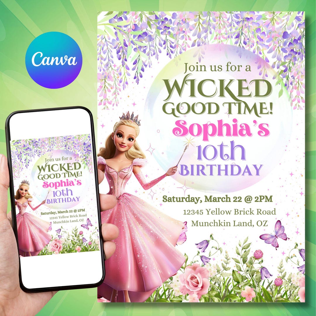 Glinda Birthday Party Invitation, Wicked Good Time, Editable Instant ...