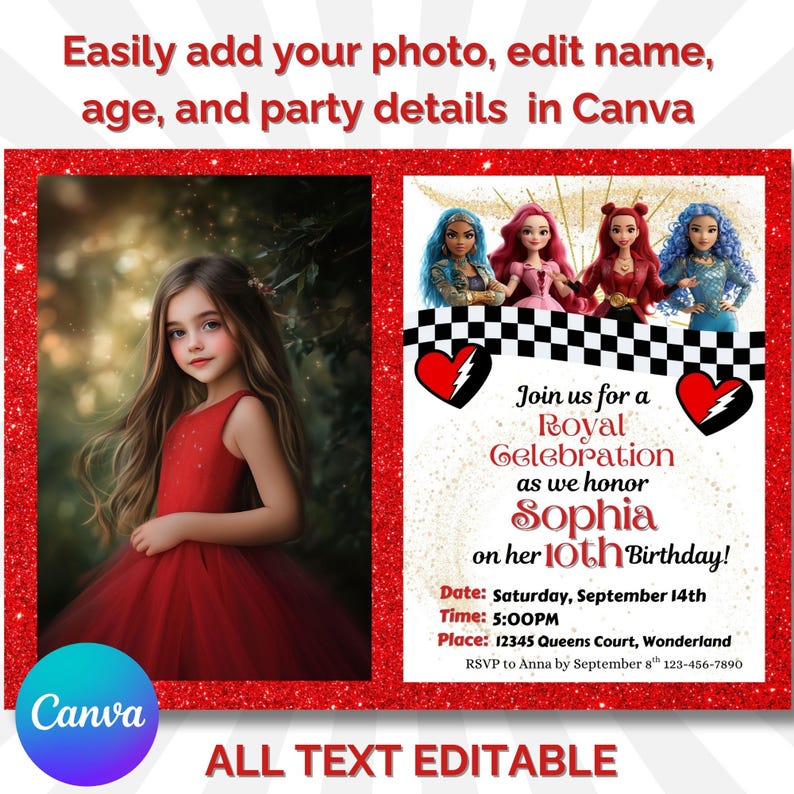 Rise of Red Photo Birthday Invitation Party Bundle, Descendants 4 ...