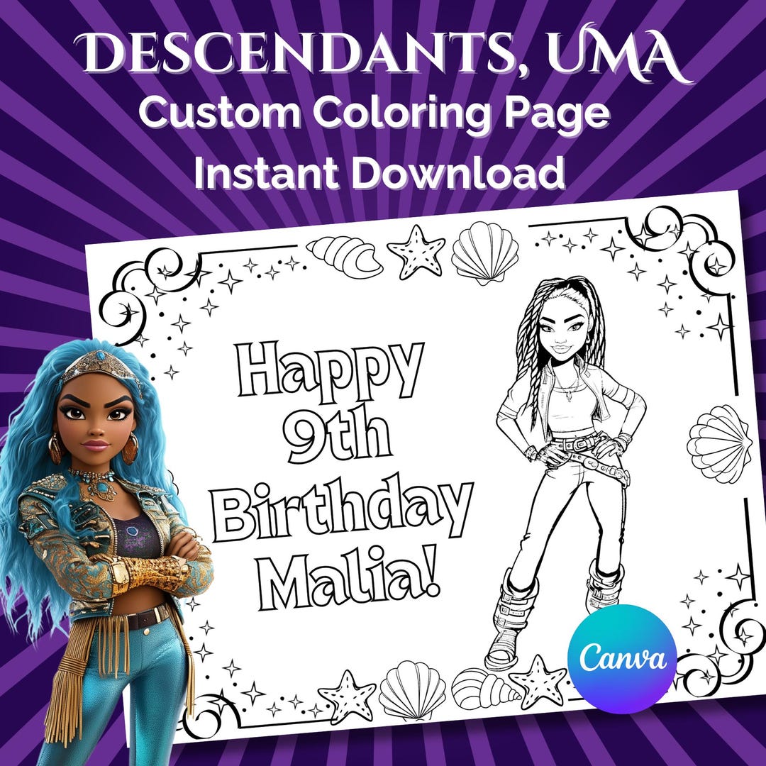 Uma Descendants Coloring Page, Custom Color Sheet, Editable Canva ...