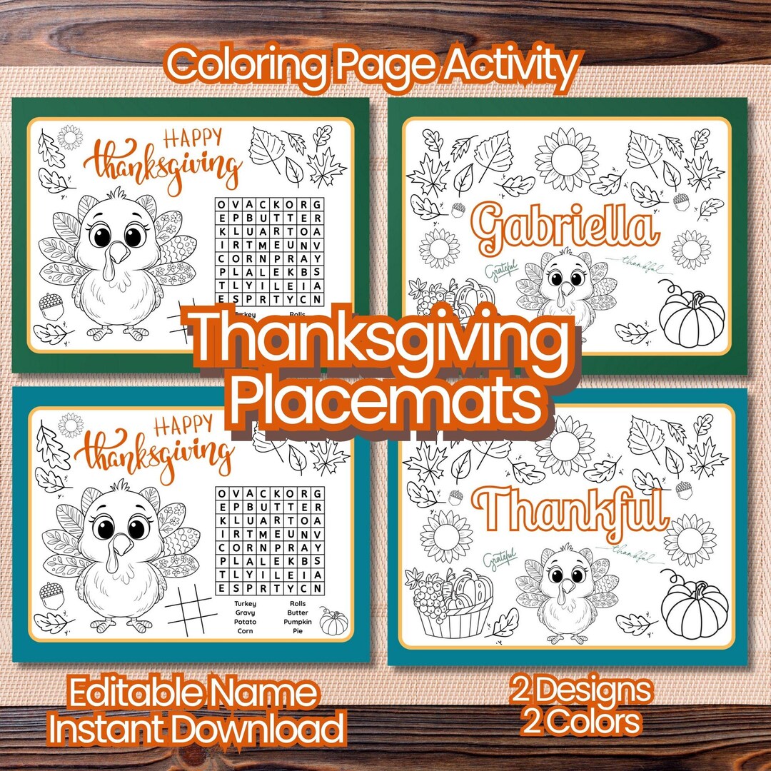 Thanksgiving Placemats for Kids, Turkey Coloring Page Activity Sheet ...