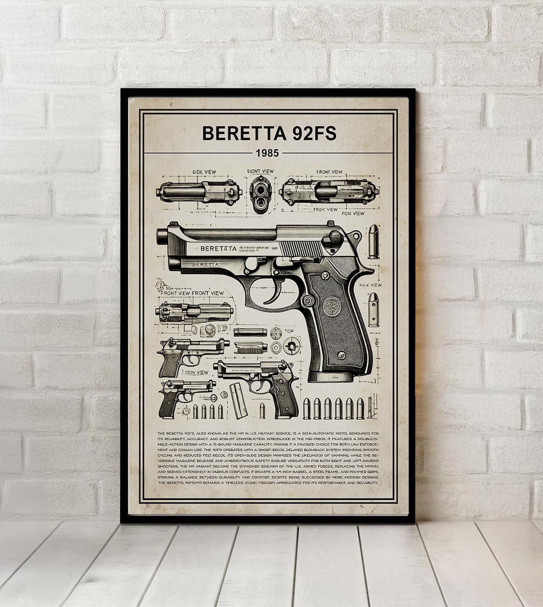 Vintage Beretta 92FS-M9, Blueprint Poster Style A1 Size, Retro Style ...