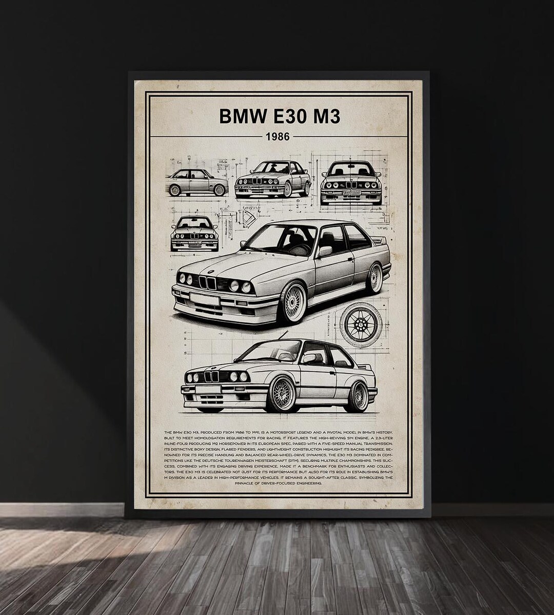 E30 M3 BMW, Blueprint Vintage Style, Poster A1 Size, Retro Style, Wall ...