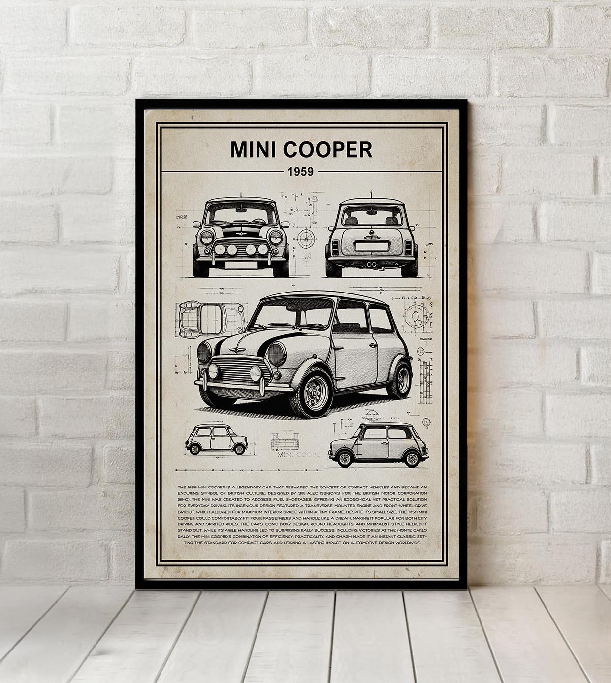 Vintage Mini Cooper 1959, Blueprint Poster Style A1 Size, Retro Style ...