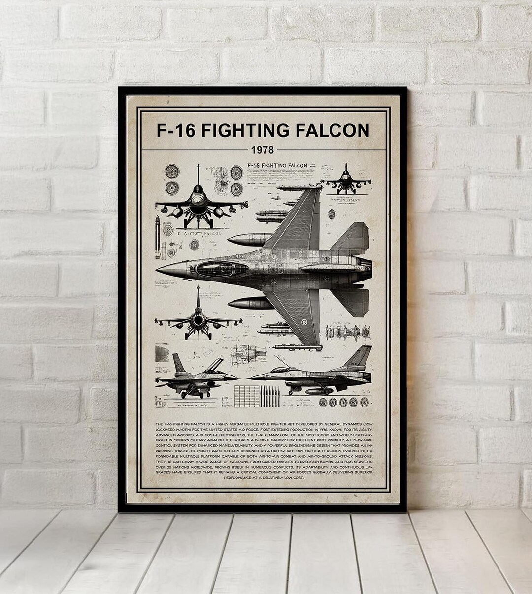 Vintage USAF Aviation F-16, Blueprint Poster Style A1 Size, Retro Style ...