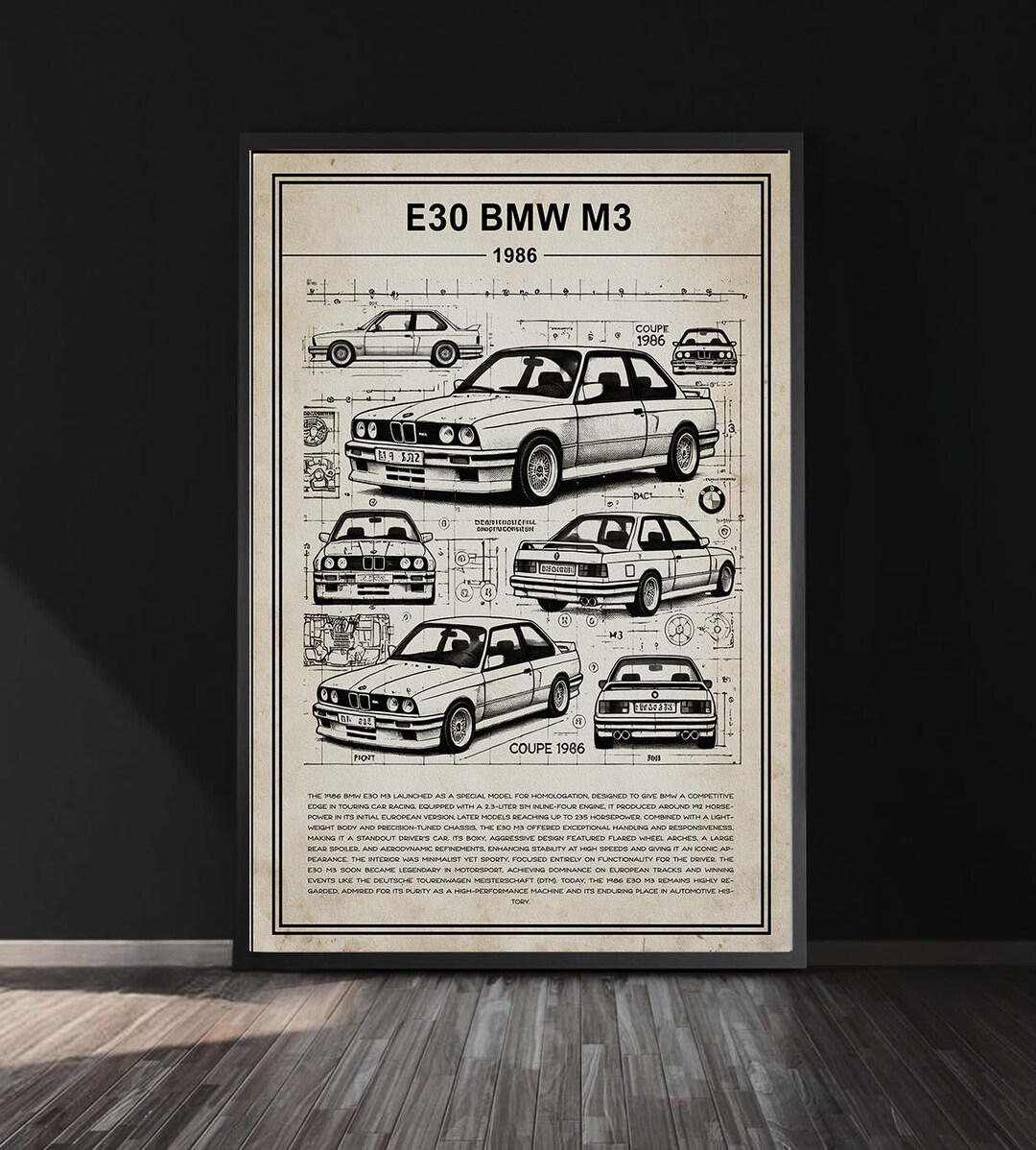 E30 M3 BMW 1986, Blueprint Vintage Style, Poster A1 Size, Retro Style ...