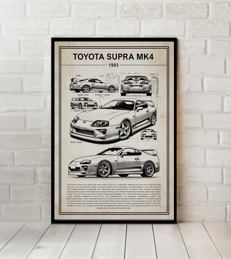 Vintage Toyota Supra Mk4, Blueprint Poster Style A1 Size, Retro Style ...