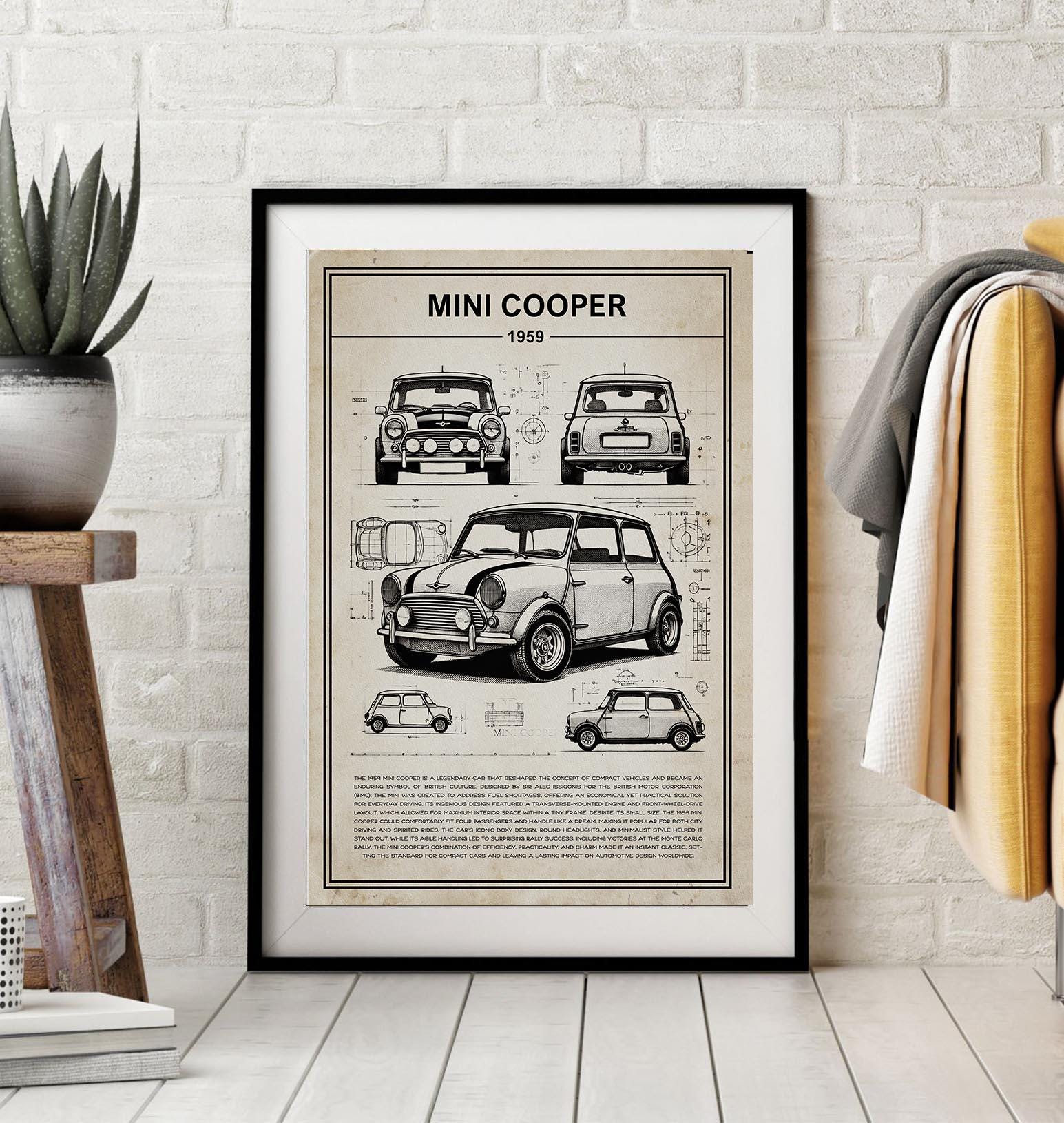 Vintage Mini Cooper 1959, Blueprint Poster Style A1 Size, Retro Style ...