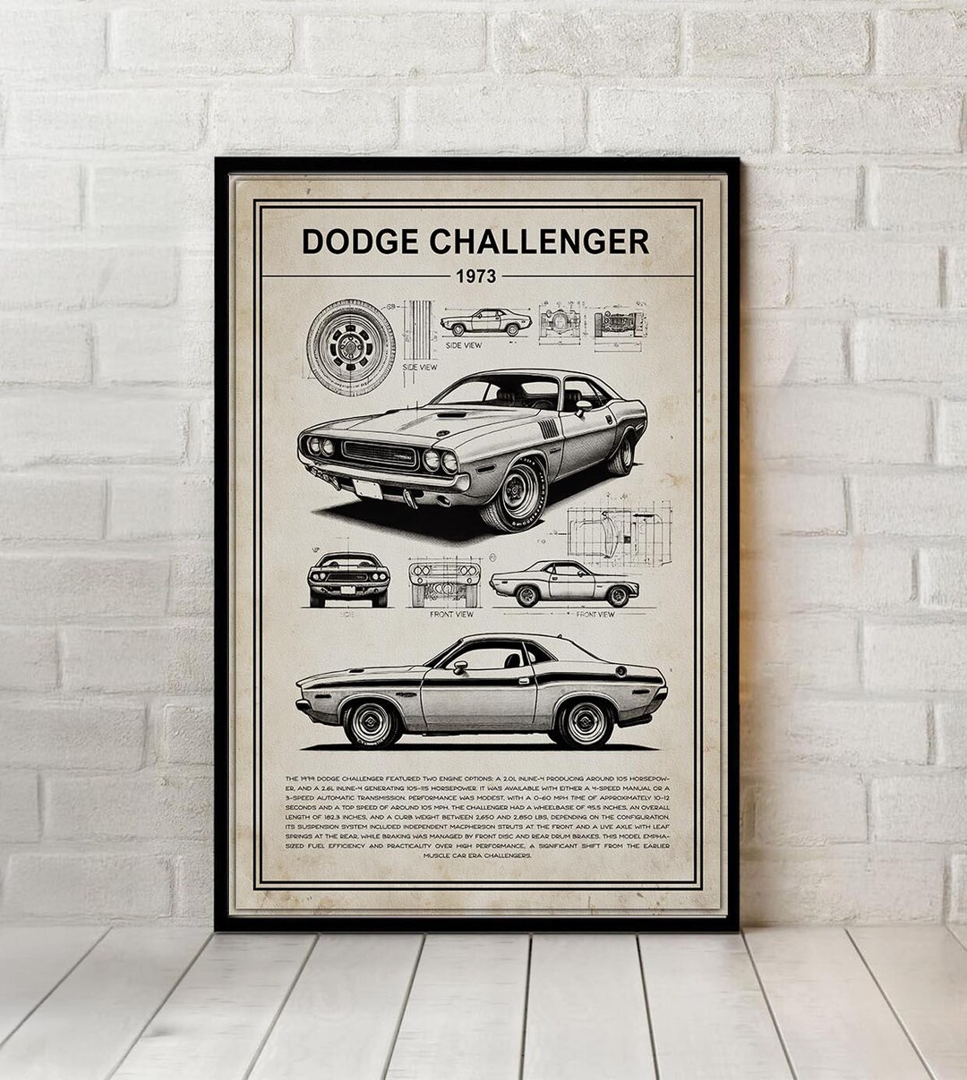 Vintage DODGE CHALLENGER 1973, Blueprint Poster Style A1 Size, Retro ...