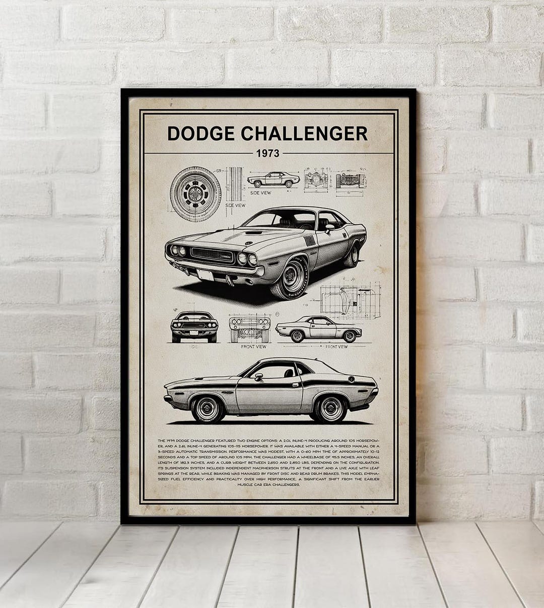 Dodge Challenger 1973, Blueprint Vintage Style, Poster A1 Size, Retro ...
