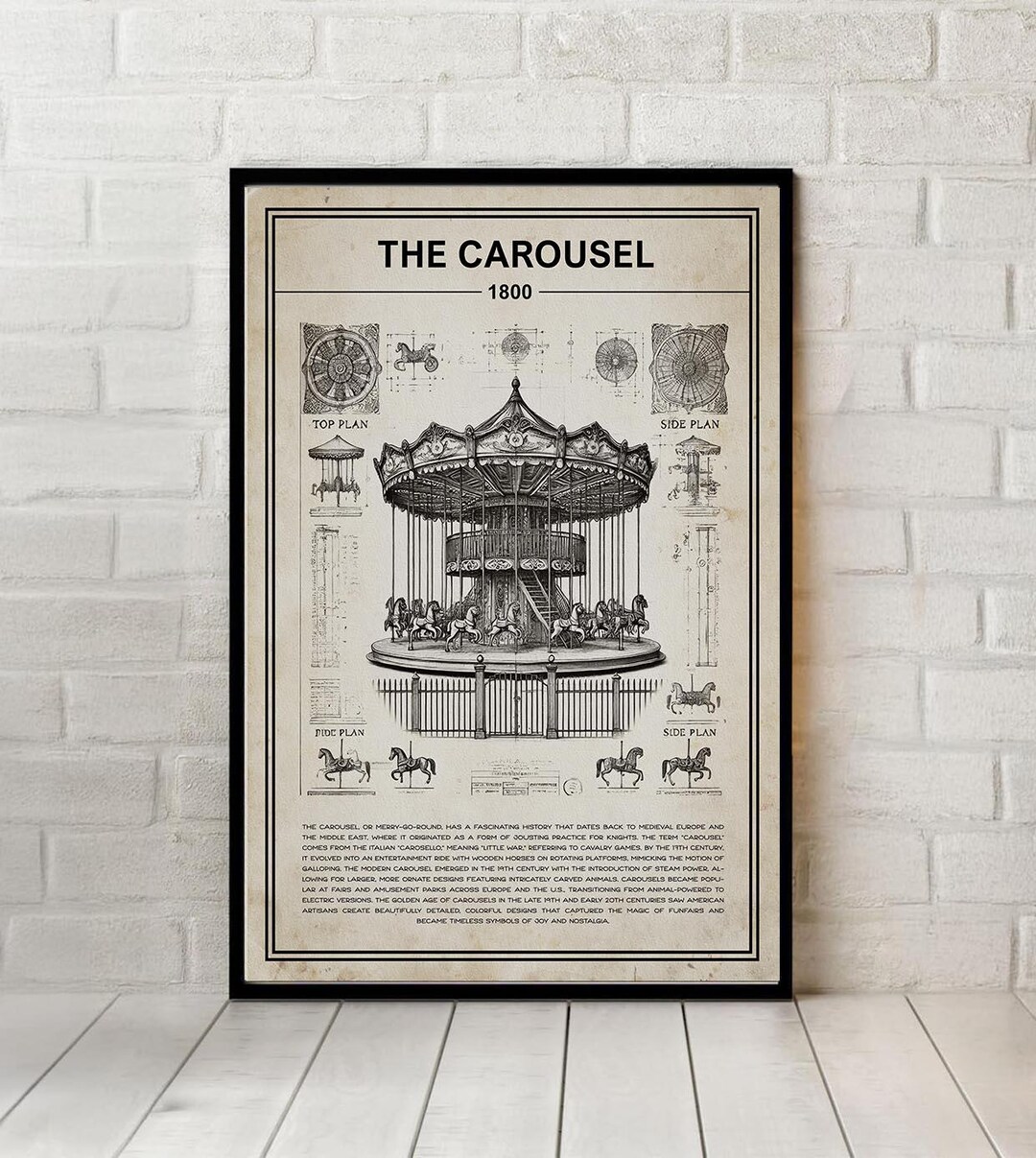 Vintage Carousel, Blueprint Poster Style A1 Size, Retro Style, Wall Art ...