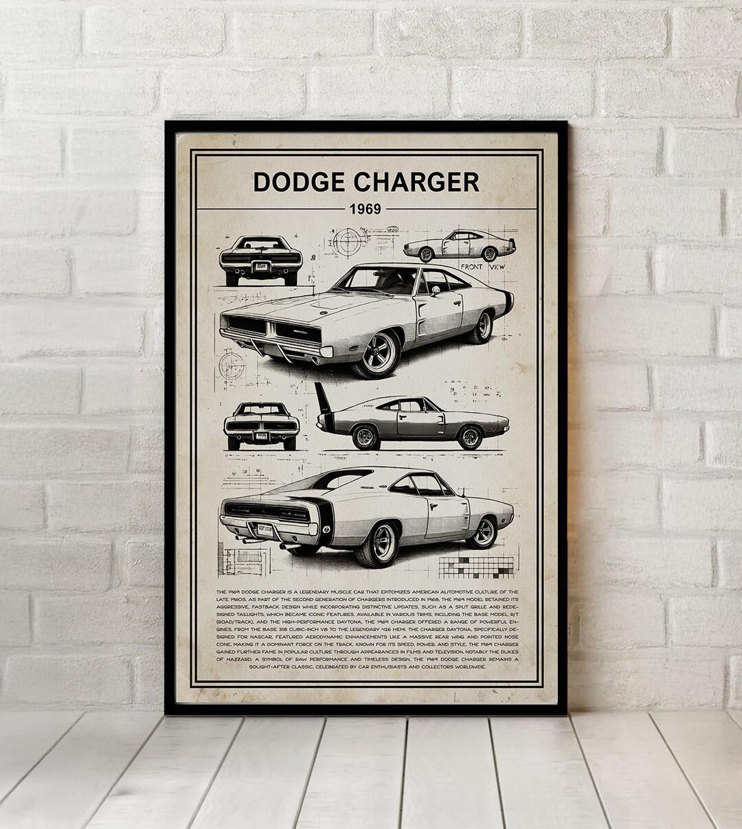 Dodge Charger 1969, Blueprint Vintage Style, Poster A1 Size, Retro ...