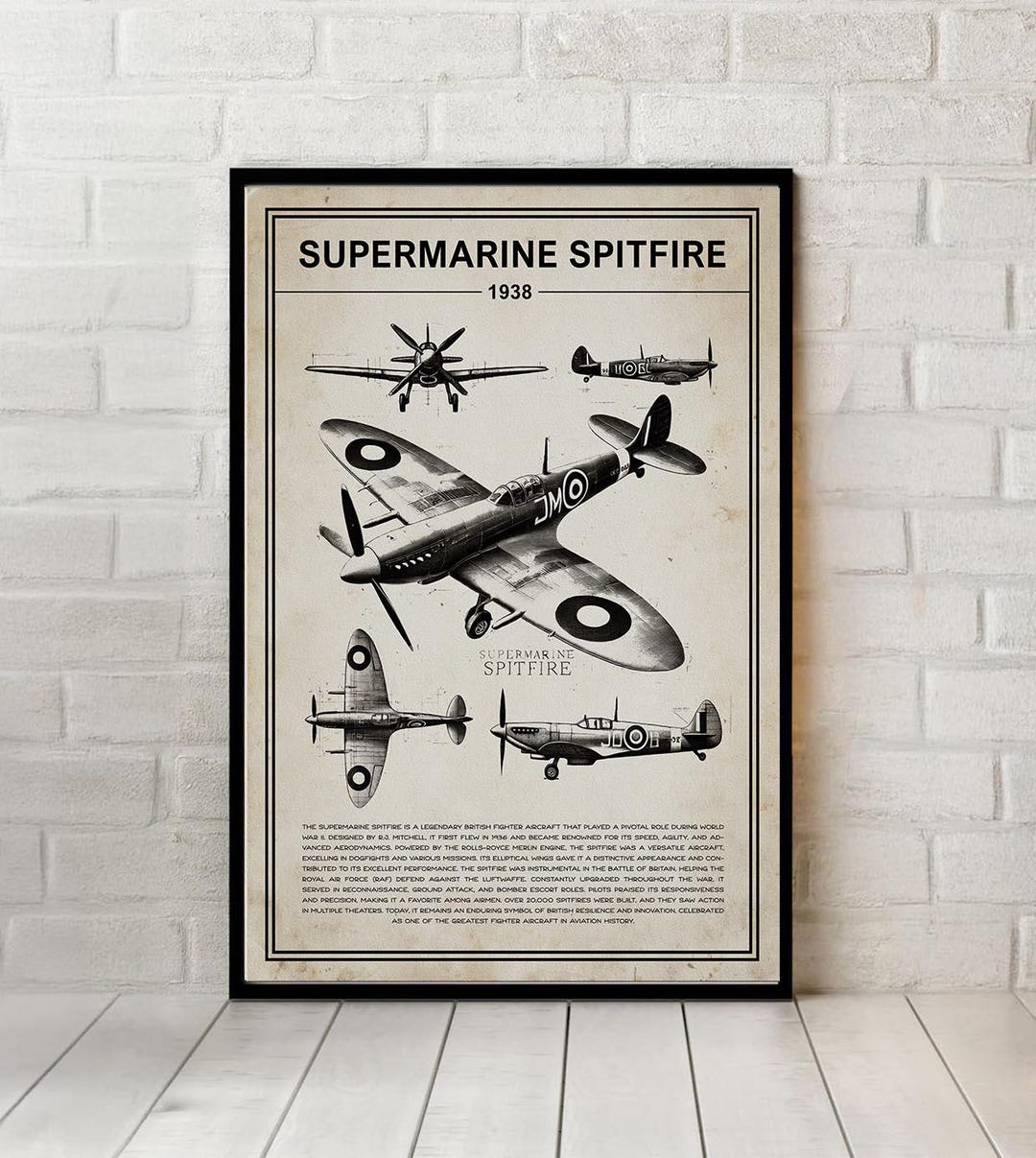 Supermarine Spitfire Poster, Jet, Blueprint Poster Style A1 Size, Retro ...