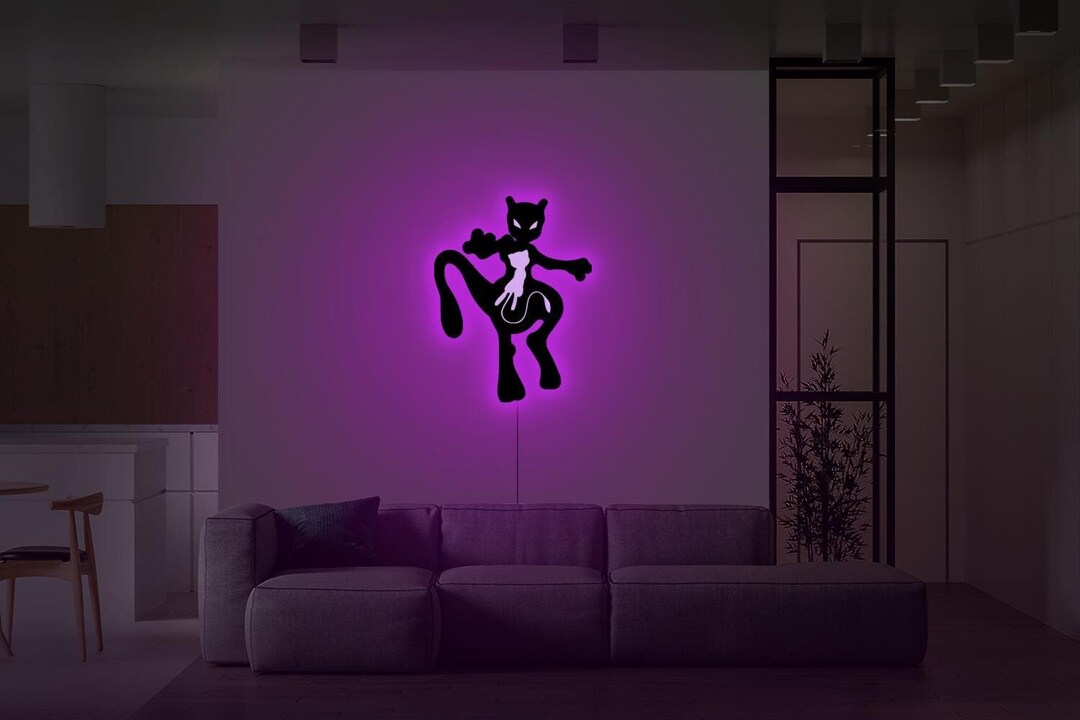 Mewtwo Mew Wood Back Light Led Sign Lighted RGB 16 Colours Home Pokemon ...