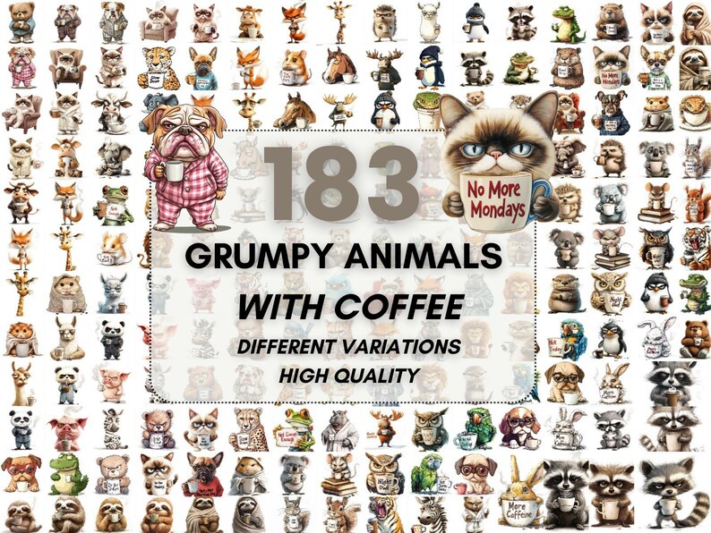 183 Grumpy Animals With Coffee Clipart Funny and Quirky Animal Designs ...