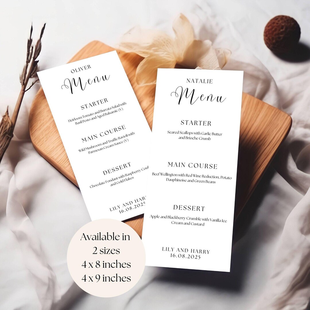 Minimalist Menu Template | Printable Black & White Wedding Menu 4x8 and ...