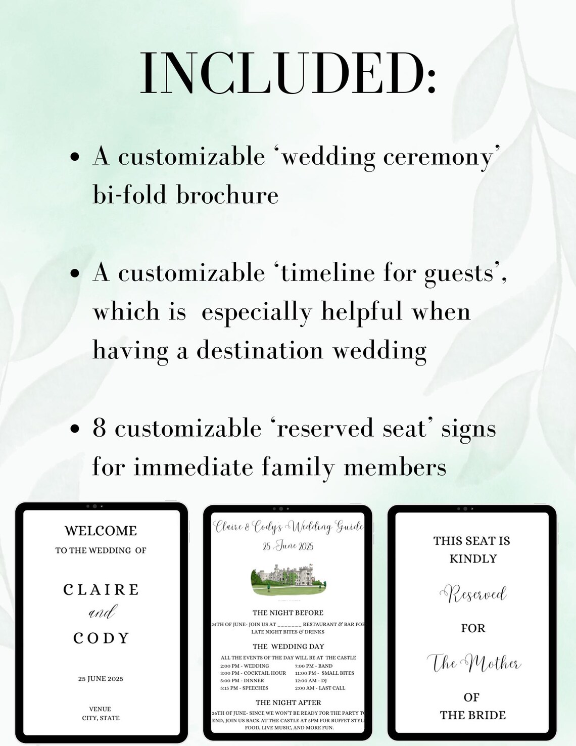 Wedding Handouts- Ceremony Brochure, Timeline for Guests, Reserved Seat ...