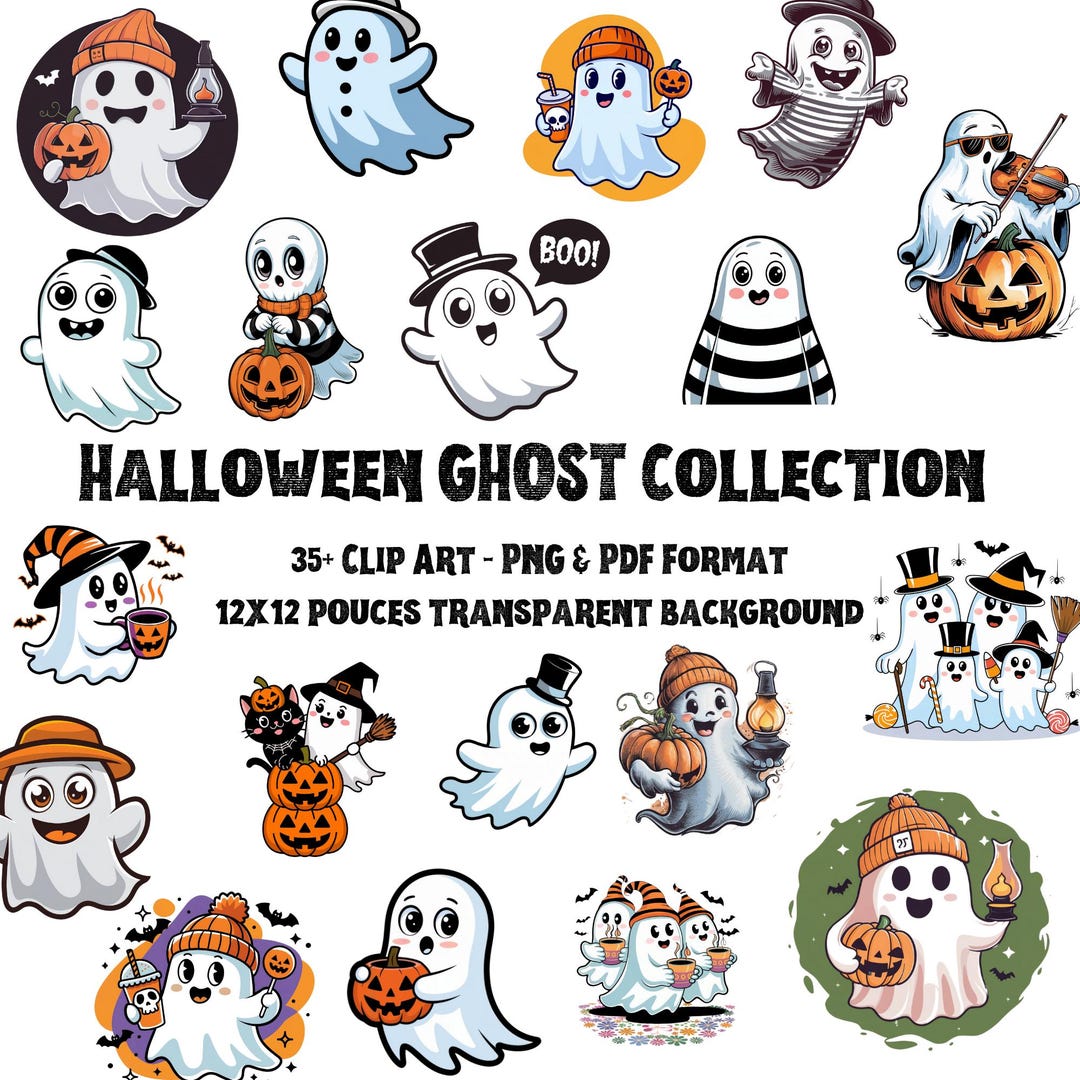 35 Unique PNG Ghosts Halloween Clipart Bundle: Spooky, Funny, Whimsical ...