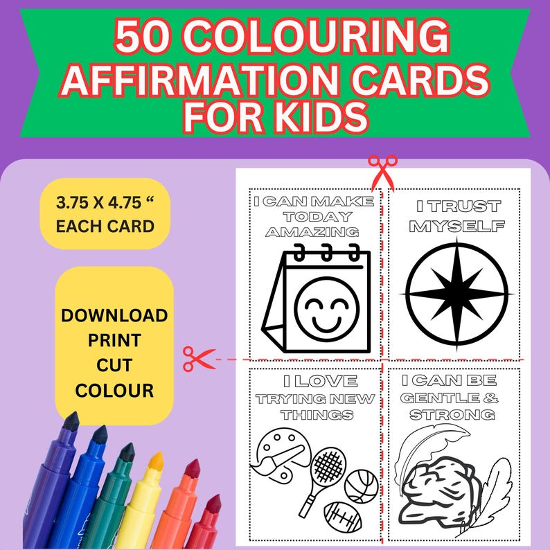 50 Kids Affirmation Cards Printable, Coloring Positive Cards for Kids ...