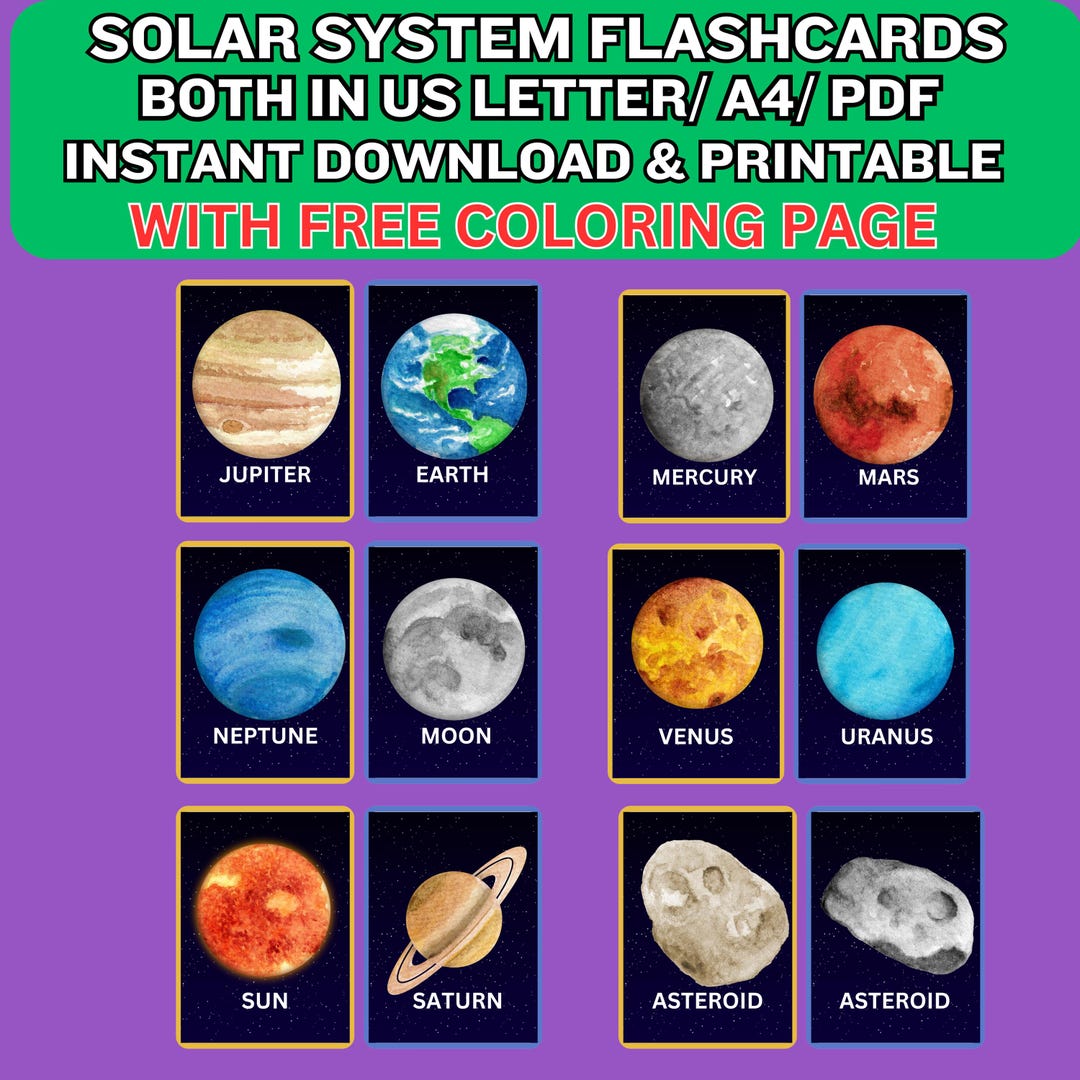 Solar System Flashcards: Planet Learning Cards + Coloring Page (digital ...