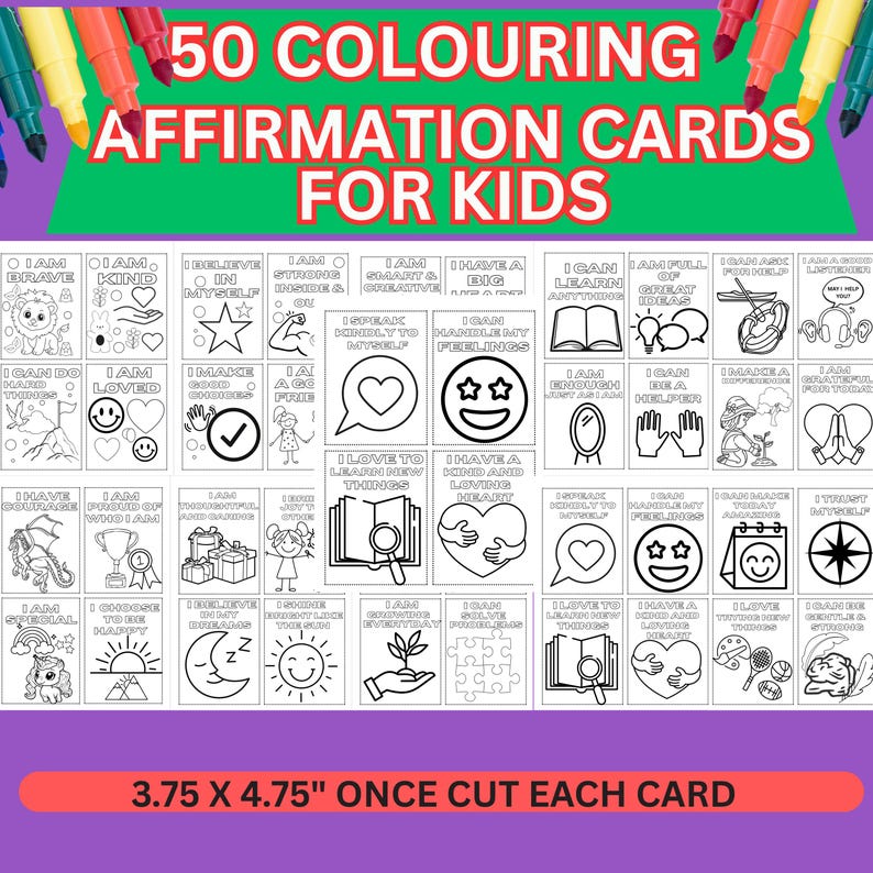 50 Kids Affirmation Cards Printable, Coloring Positive Cards for Kids ...